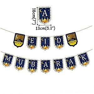 Froiny Eid Mubarak Bunting Banner Blue Muslim Islamic Decorations with Star and Moon Garlands for Ramadan Kareem Party Supplies