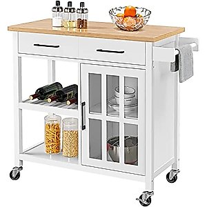 Yaheetech Kitchen Island on Wheels with Drawers, Rolling Kitchen Cart with Tempered Glass Storage Cabinet Door, Bamboo Top, 2 Tiers Shelves, and Towel Rack, 40x18x36 Inches, White