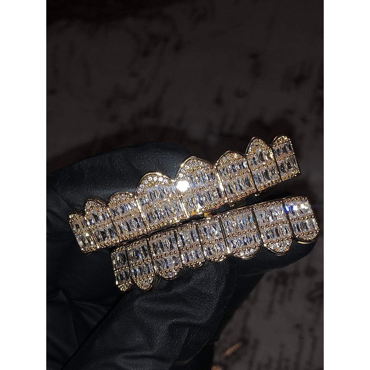 14k Iced Baguette Set 8 Teeth Joker Gold Grillz for Mouth Top Bottom Hip Hop Teeth Grills for Teeth Mouth Grillz for Mouth Top Bottom (Gold)