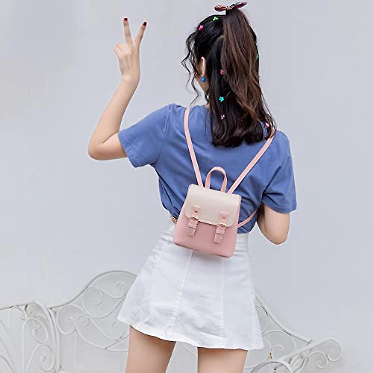 ASUYOERU Mini PU Leather Women Shoulder Bags Hit Color Backpack Girls School Bags, Pink, large 41*30*12cm