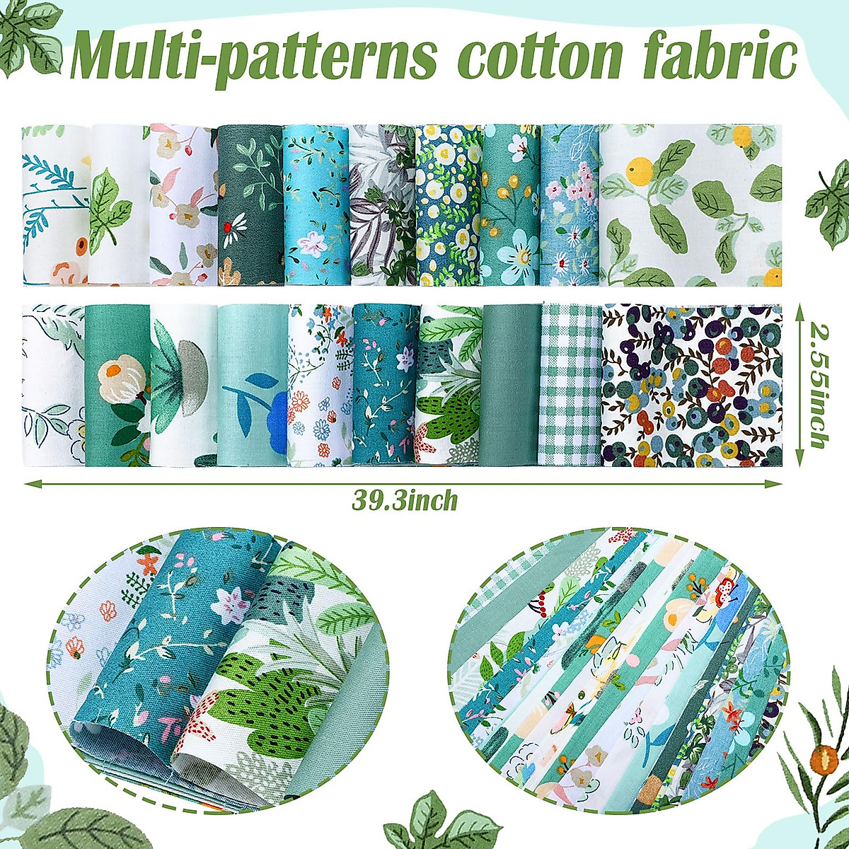 Kingdder 70 Pcs Floral Cotton Fabric Patchwork Roll 2.55 x 39.4 Inch Cotton Quilting Fabric Roll up Cotton Fabric Quilting Strips Precut Patchwork Roll for Craft Sewing DIY Crafts(Green Flower)