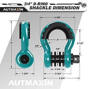 AUTMAXIN D Ring Shackles 3/4" Shackle (2 Pack) - 58,000Ibs Break Strength with 7/8" Anti-Loose Security Pin, Shackle Isolator Washer Kits for Tow Strap Winch Off-Road Vehicle Recovery, Teal