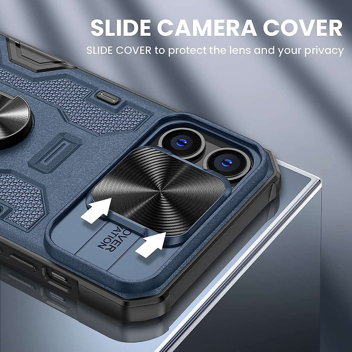 VEGO Compatible for iPhone 13 Pro Max Case & iPhone 12 Pro Max Stand Case with Slide Camera Cover, Built-in 360° Rotate Magnetic Ring Kickstand Heavy Duty Protective Cover Case - Blue