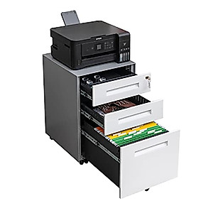 3-Drawer Mobile File Cabinet with Lock, Office Storage Filing Cabinet for Legal/Letter Size, Pre-Assembled Metal File Cabinet Except Wheels Under Desk (White+Gray)