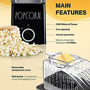 Hot Air Popcorn Making Machine, One Touch Easy to Use Fast Popping Popcorn Maker, Movie Theater Style Popcorn, 2 oz Capacity, With Removable Cover, Labeled "POPCORN" by Rae Dunn (Black)