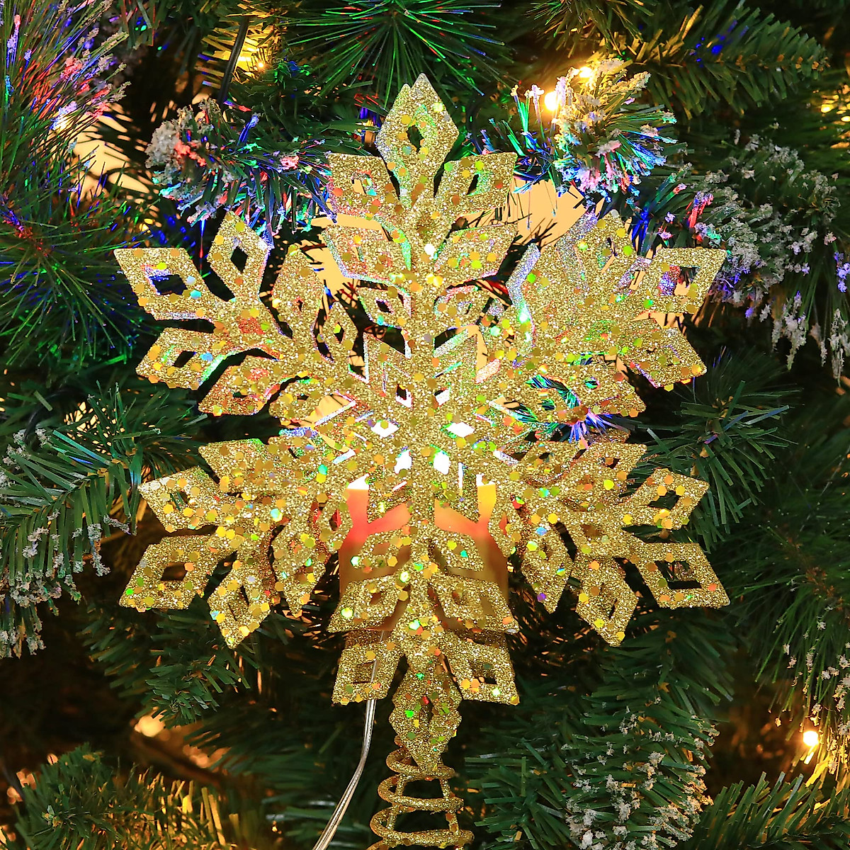 Christmas Tree Topper,Lighted Glitter Snowflake Tree Topper with Neon Lights for Christmas Tree and Holiday Seasonal Decoration(Gold)