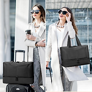 ETRONIK Weekender Bag for Women, Medium Canvas Travel Bags with USB Charging Port, Carry on Bag for Airplanes with Shoe Compartment, Overnight Gym Duffel Bag for Travel Yoga Deliver, 3 Pcs Black