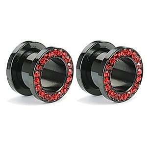 Surgical Steel Black Titanium with Red CZ Over Screw-on Plugs/Gauges 00G (10MM) 2 Pieces (1 Pair) (B/4/2/60)