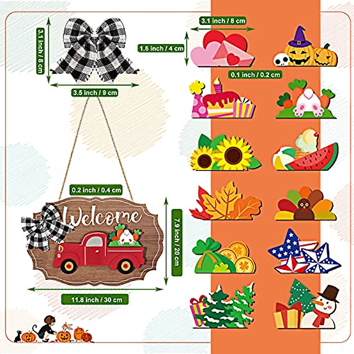 Qunclay 12 Pieces Interchangeable Truck Blank Welcome Sign Seasonal Truck Sign Red Truck Decor with Wooden Cutouts for Holiday Thanksgiving Halloween Christmas Party (Natural,Irregular Style)
