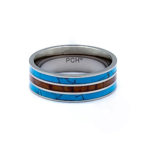 PCH Jewelers Titanium Ring with Stabilized-Turquoise and Koa Wood Inlay, 8mm Comfort Fit Wedding Band (10.5)