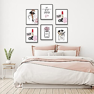 HoozGee Fashion Wall Art Prints Set of 6 Pink Room Decor Makeup Art Pictures Wall Decor Canvas Prints Art Posters Perfume Lipstick Artwork Girls Room Decor for Bedroom (8"x10" UNFRAMED)
