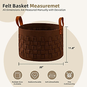 boldmonkey Laundry Basket 20" x20 x11.8, Large Felt Fabric Blanket Basket with Leather Handle, Dirt Clothes Laundry Hamper Round for Babies, Dogs and Living Room-Brown