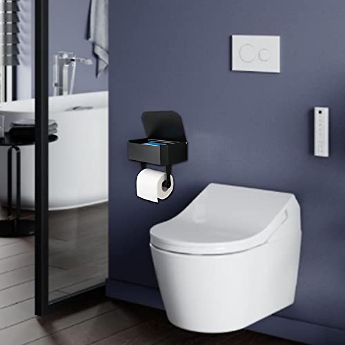 Toilet Paper Holder - Black Toilet Paper Stand | Double Phone Shelf Toilet Paper Roll Holder, Adhesive Bathroom Toilet Tissue Holder, Rustproof Tissue Holder Suenos