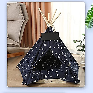 Pet Tent, Wooden Dog Cat Tent Canvas Name Tag Cute House Portable with Thick Padded Washable Navy Blue Star Pattern Tent House for Puppies and Cats