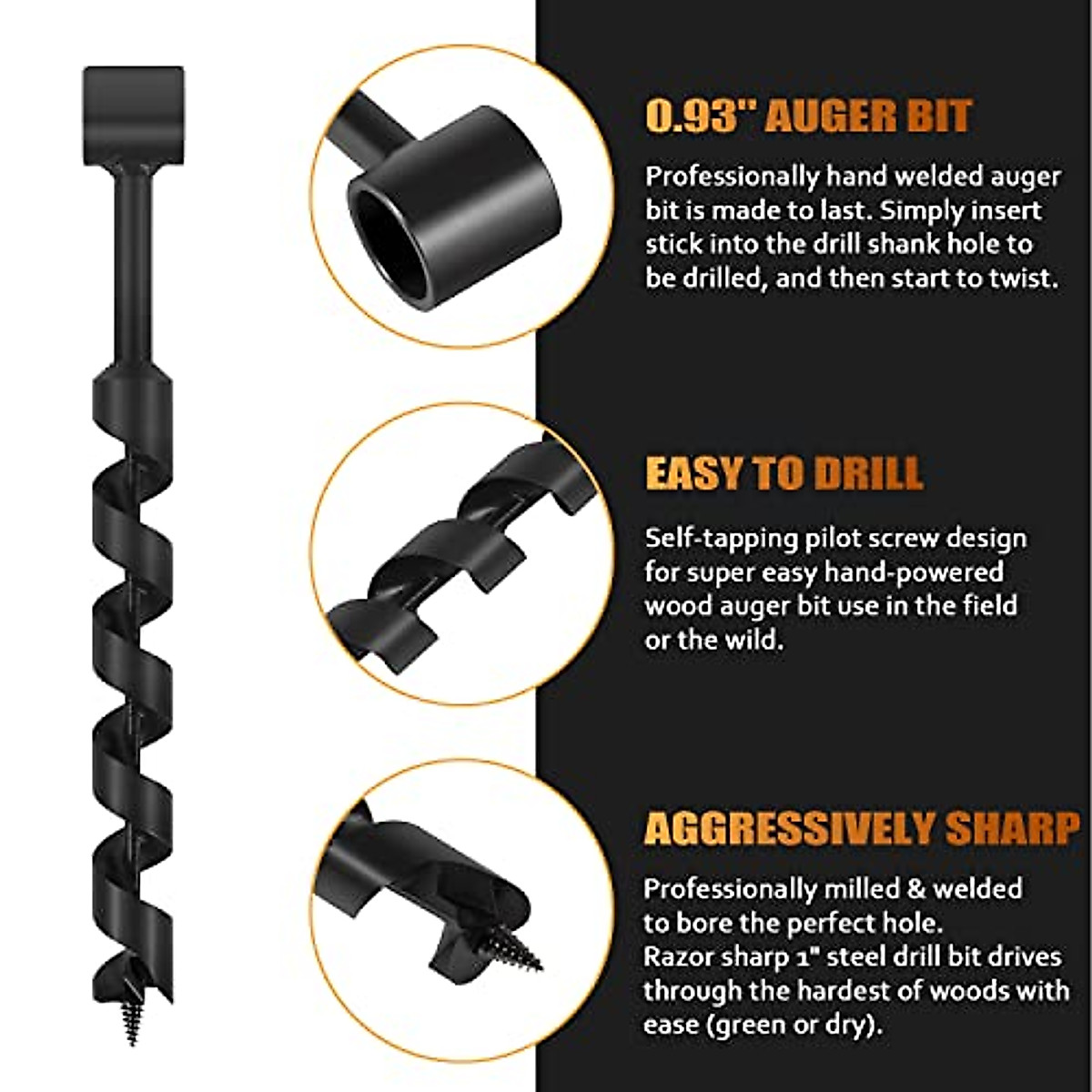 Yoursme 1” x 12” Scotch Eye Wood Auger Drill Bit - Hand Auger for Bushcraft Backpack and Camping - Addition Tool to Survival and Camping Gear Packs