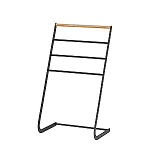 ikloo 32 Inch 4-Tier Freestanding Black Metal with Pine Wood Towel Rack for Bathroom with Hanging Bars, Laundry Room Drying Rack Organizer, Bathroom Storage Stand.