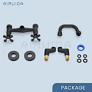 Airuida Matte Black Wall Mount Kitchen Faucet 4 Inch(10cm) Spout Reach Adjustable Center Double Cross Handles Mixer Tap 360 Rotatable Wall Mounted Faucet for Commercial Utility Laundry Restaurant
