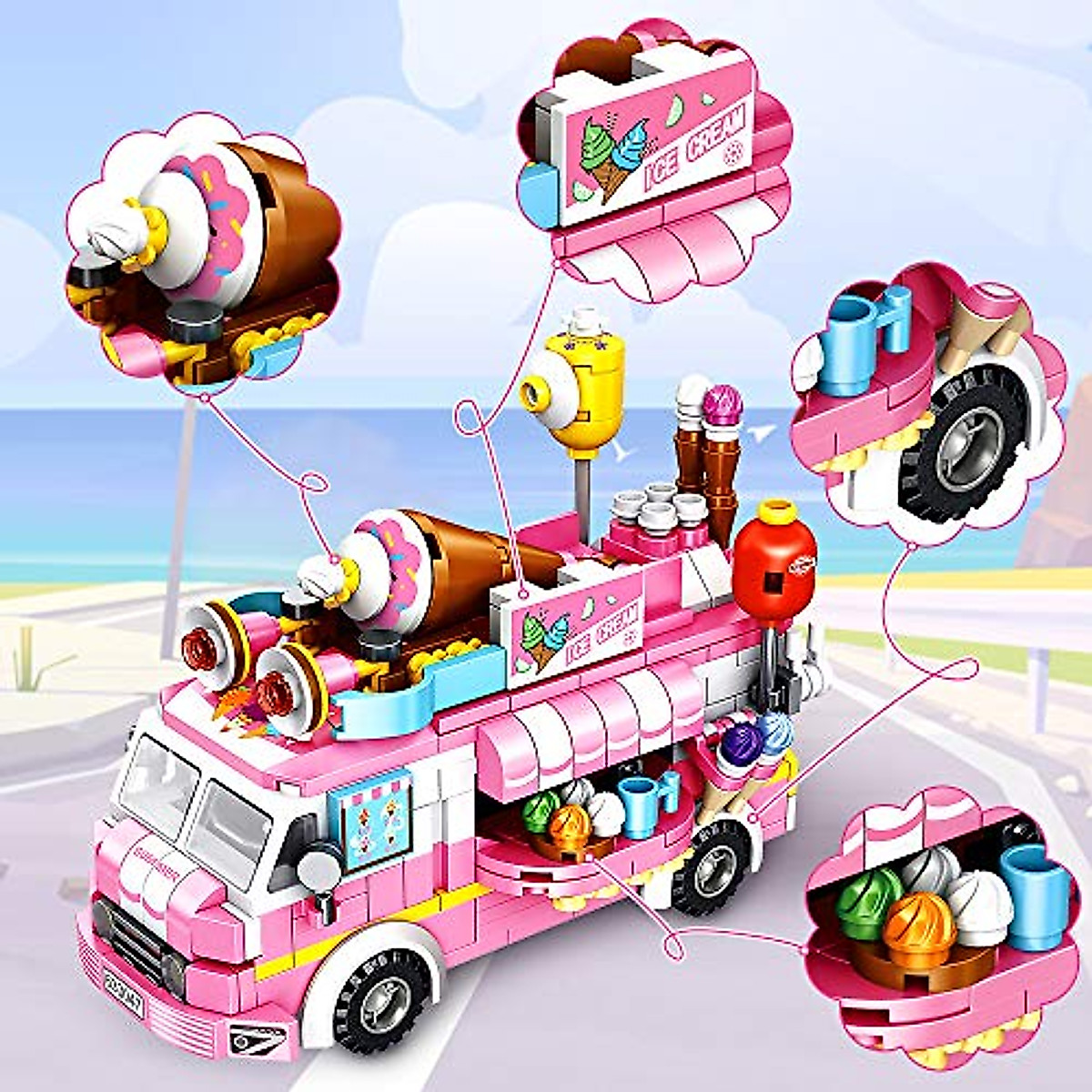 Vatos Girls Building Blocks Toys - 553 Pieces Ice Cream Truck Set Toys for Girls 25 Models Pink Building Bricks Toys STEM Toys Valentines Day Gifts for Kids Girls Age 6-12 and Up