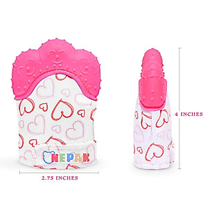 NEPAK Teething Mitten 2 Pcs-Baby Glove Stimulating Teether Toys for Boys & Girls-Teething Glove for 3-6 Months Baby (Pretty Sweet Heart,Pink)