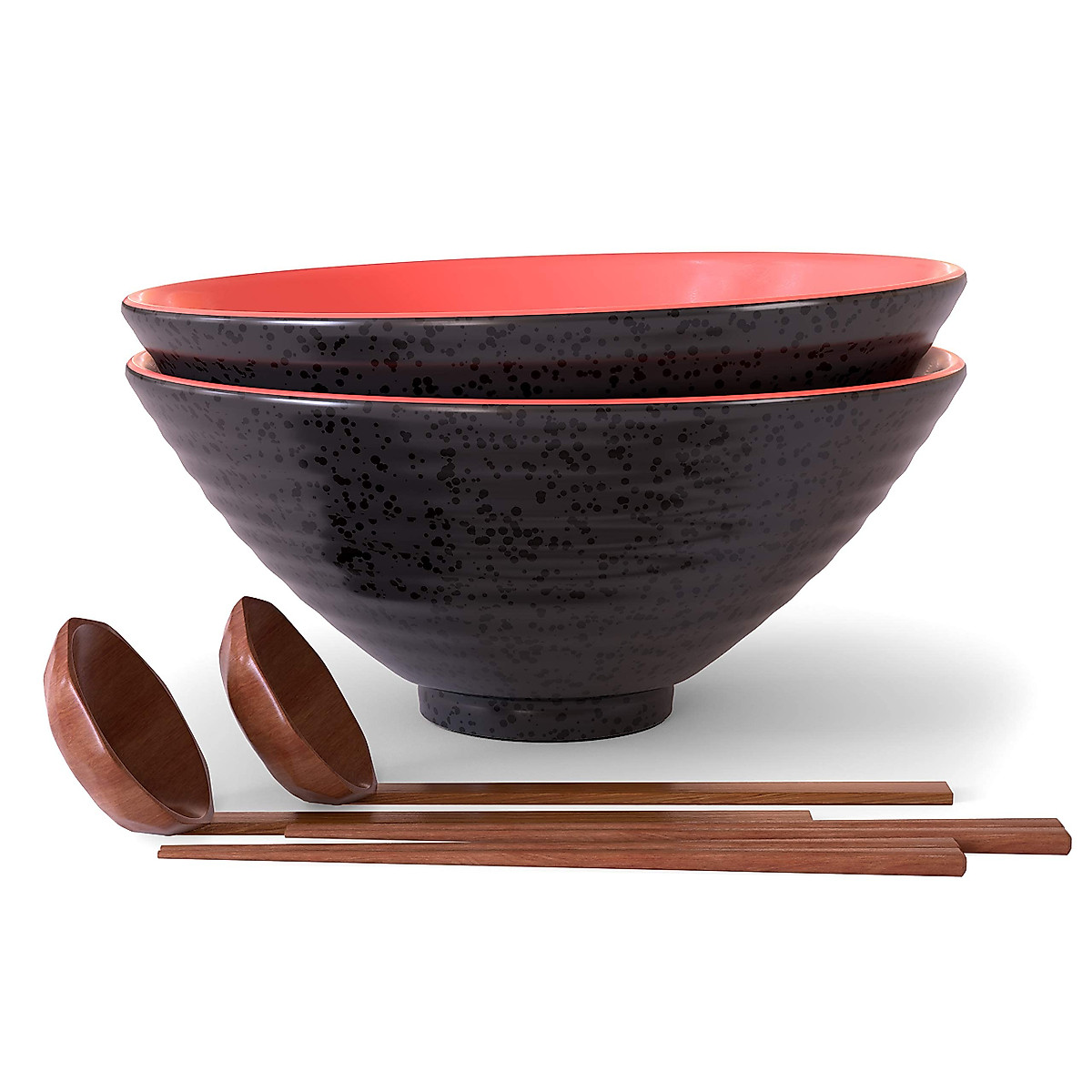 KooK Ceramic Japanese Ramen Bowl Set, with Wooden Spoons and Chopsticks, Noodle Soup Bowl, Microwavable, for Udon Soba Pho Asian Noodles, 60 oz, Black/Red, Set of 2