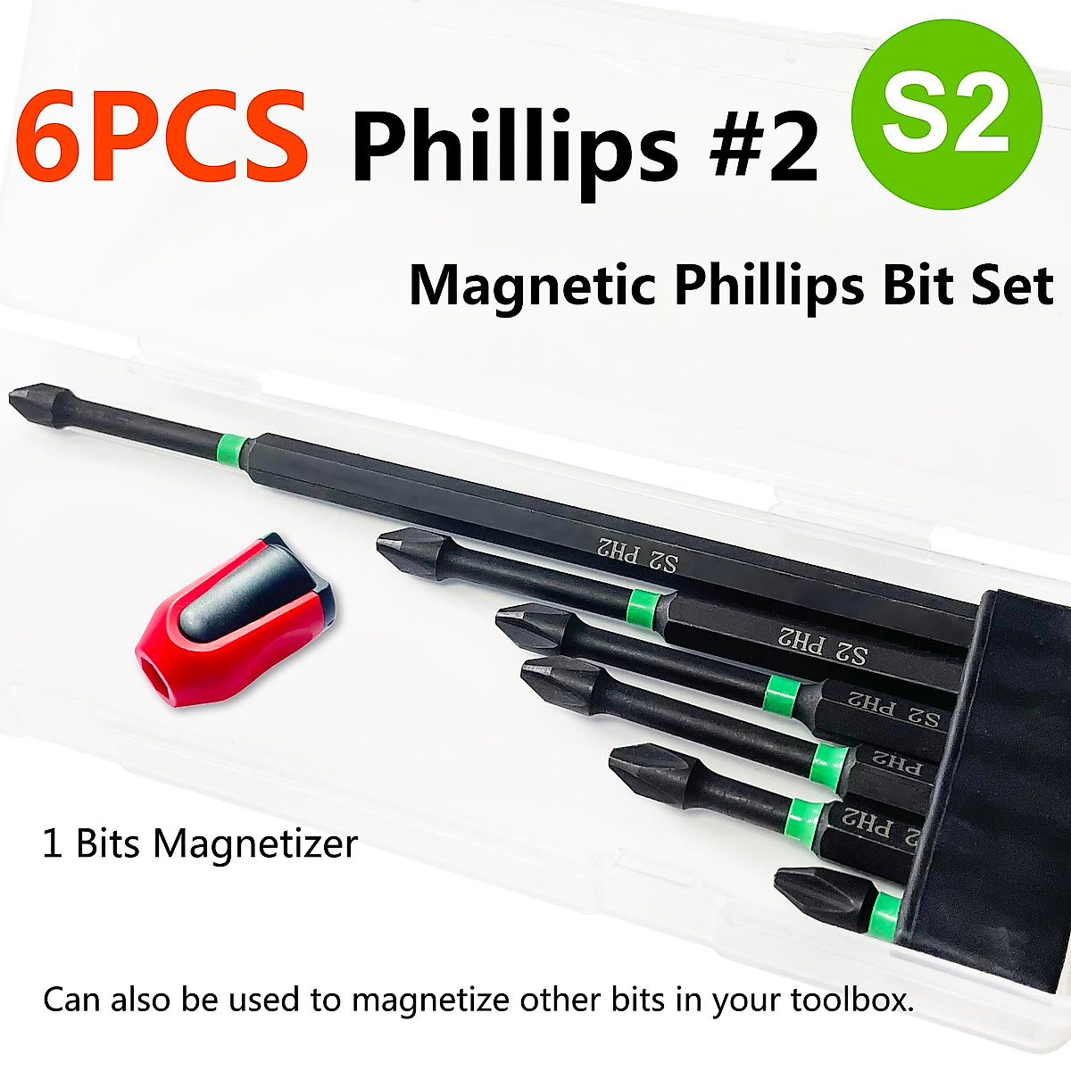 PTSLKHN Phillips Bits Set, Magnetic Phillips Head Drill Bits, 6PCS Phillips Impact Bits and Screwdriver Bits Magnetizer