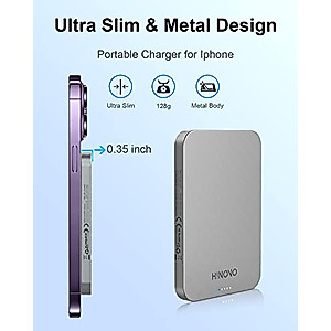 HINOVO Magnetic Power Bank 5000mAh Portable Charger iPhone Compatible for Magsafe 0.35” Battery Pack PD 20W & 15W Wireless Charger for iPhone 14/13/12 Series, Metal Design & Graphene Heat Dissipation