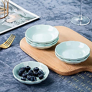 Sizikato 6pcs Light Blue Porcelain Snack Plates, 4-Inch Flower-Shaped Appetizer Plate Dipping Bowl.
