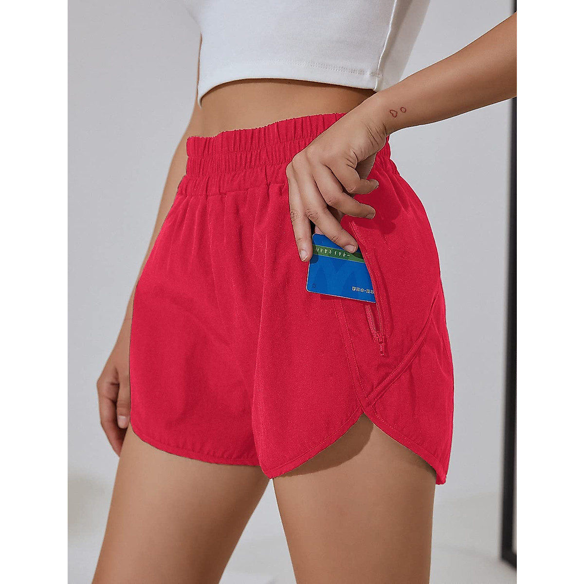 BMJL Women's Running Shorts Elastic High Waisted Shorts Pocket Sporty Workout Shorts Quick Dry Athletic Shorts Pants(S,Red)