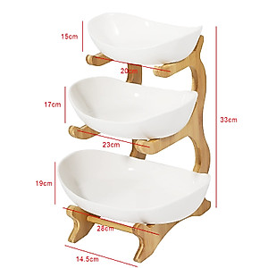 CNCEST 3 Layer Ceramic Fruit Plate Bamboo Wooden Frame Household Sushi Basket Bowl Holder Multi-Layer Tray Storage Rack Vegetables Stand Kitchen Organizer White