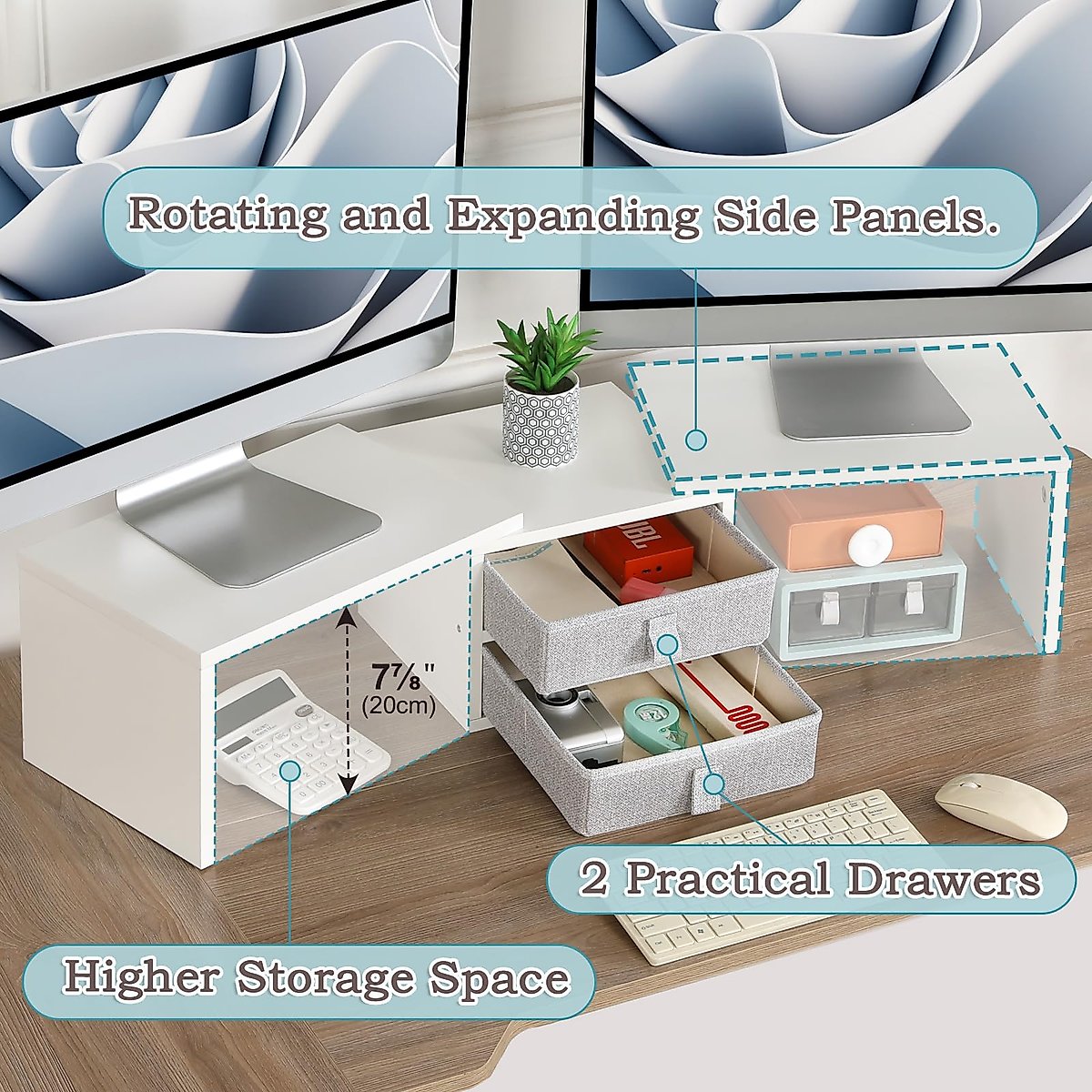TEAMIX Dual Monitor Stand Riser with 2 Drawers - Length and Angle Adjustable White Monitor Stand with Storage Large Computer Riser for 2 Monitors/Laptop/PC, Wood Screen/TV Stand Desk Organizer