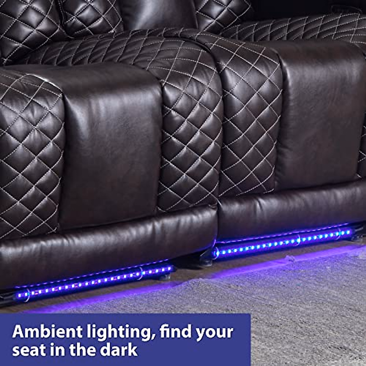 CANMOV Home Theater Seating, Electric Power Recliner with USB Ports and Cup Holders, Breathable Faux Leather Loveseat with Hidden Arm Storage, Ambient Lighting (Row of 2 Loveseat, Brown)