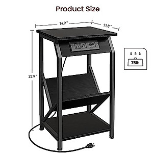 IDEALHOUSE End Table with Charging Station, Black Side Table with USB Ports and Outlet in Living Room & Bedroom, Wooden Sturdy Couch Bedside Small Bookcase