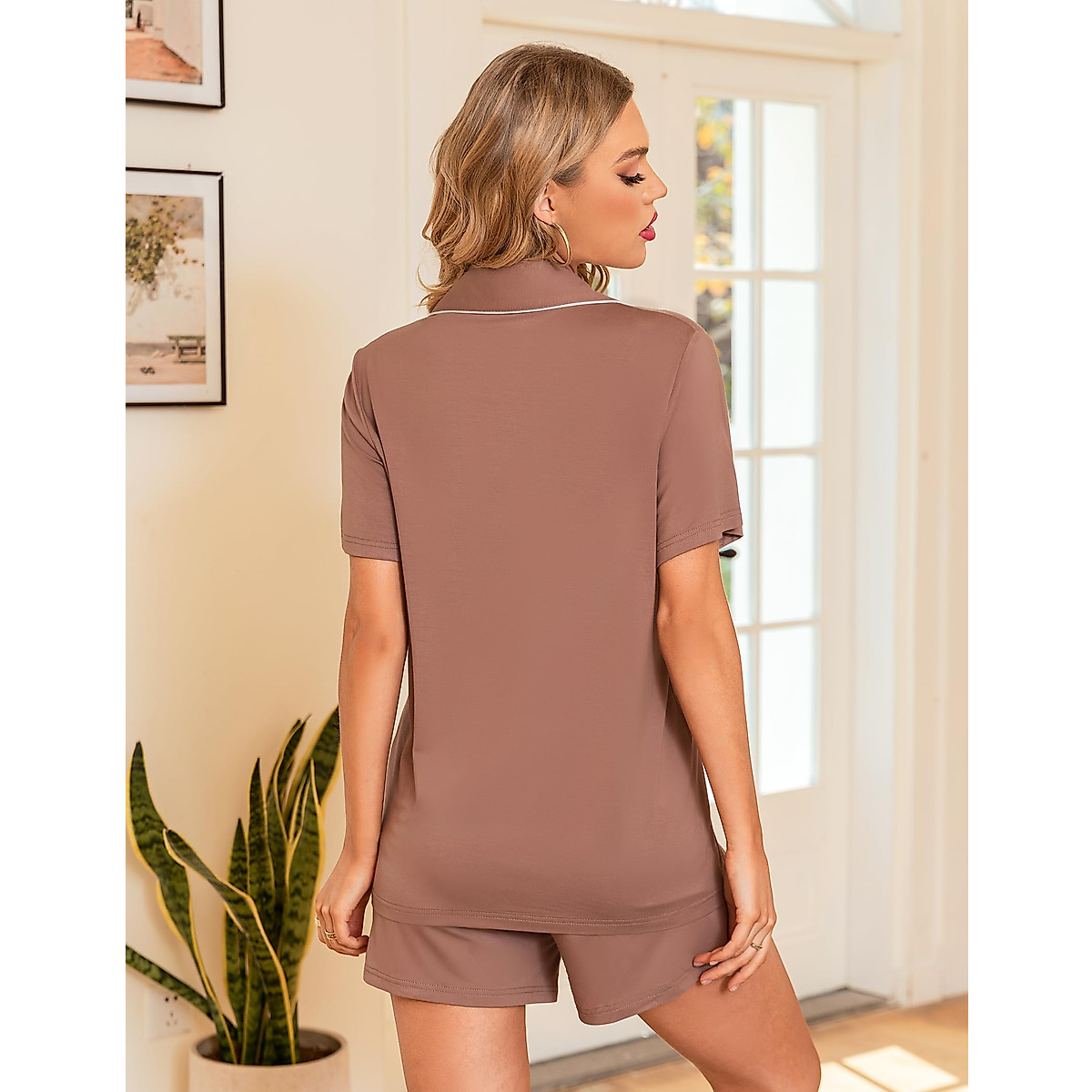 Gepansis Button Down Pajama Sets Women Short Sleeve Summer Sleepwear Set 2 Piece Pj Set Light Brown Medium