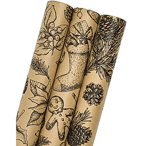 MAYPLUSS Kraft Christmas Wrapping Paper Roll - Mini Roll - 17 inch X 120 inch Per roll - 3 Different Rustic Design (42.3 sq.ft.ttl)