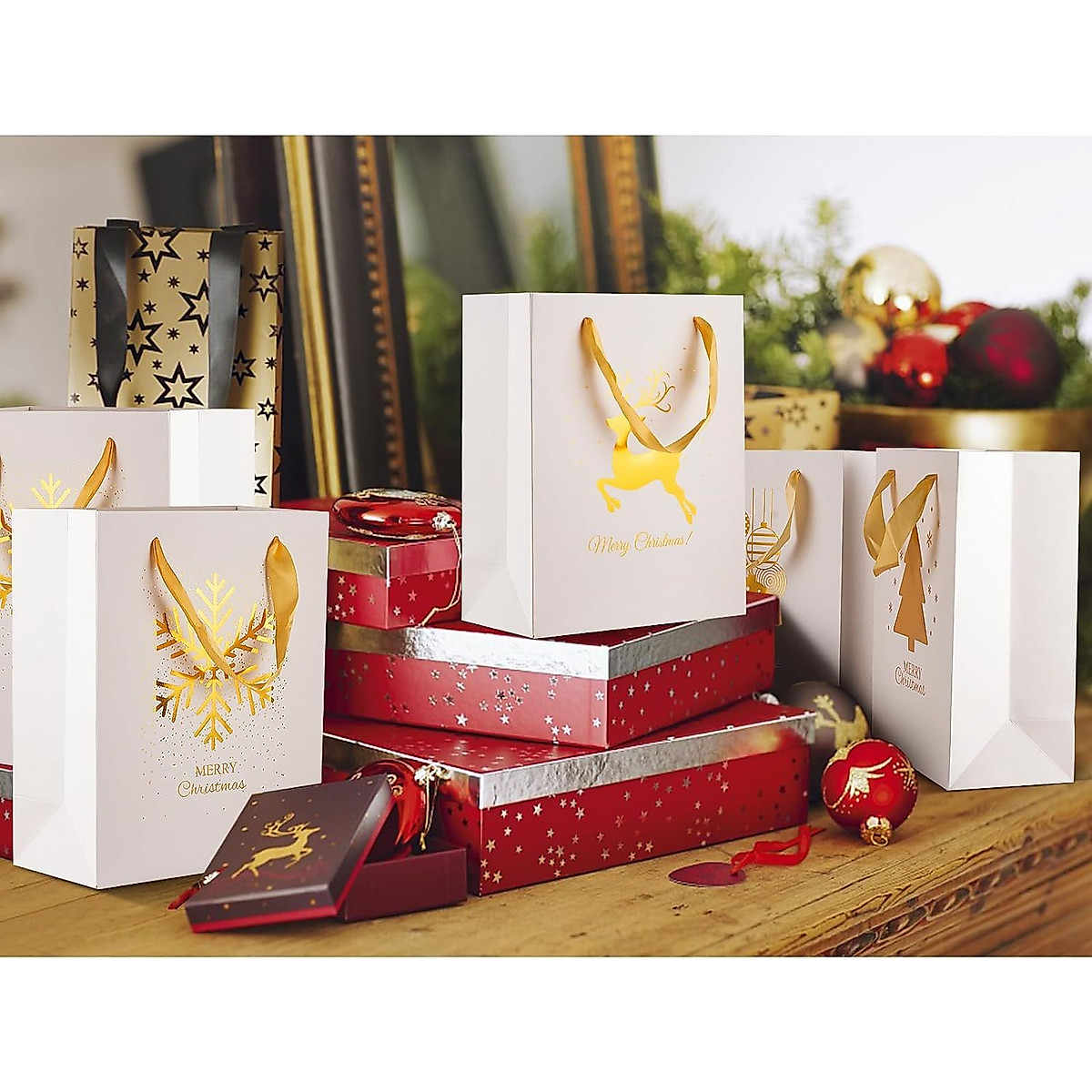 12 PCS Christmas Holiday Foil Gold Gift Bags,4 Designs,Perfect for Christmas Thanksgiving New Year Party Favor,White Winter Prints,Holiday and New Year Party