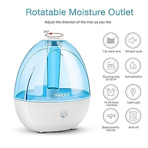 UCAREAIR Ultrasonic Cool Mist Humidifiers for Bedroom,2L Humidifiers for Home, 28dB Whisper-Quiet Air Humidifiers for Baby Nursery, 360°Rotation Nozzle, Up to 30 Hours, Auto Shut-Off, Night Light