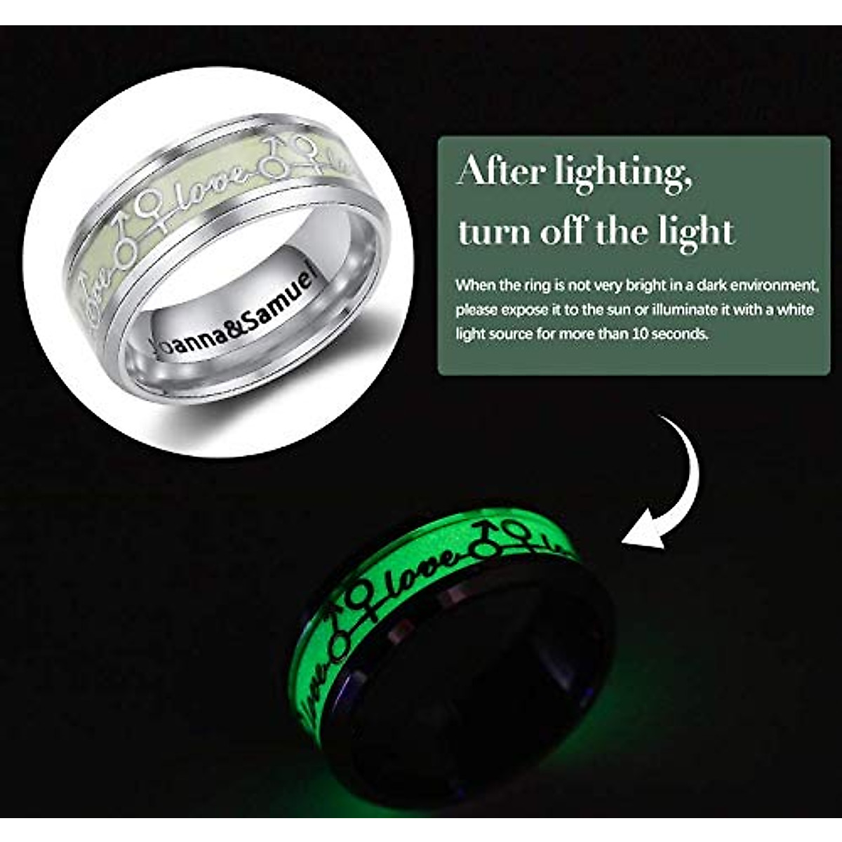 Ashleymade Personalized Couples Rings Set for Him and Her Promise Rings for Couples Engraving Luminous Ring Stainless Steel Engagement Rings for Couples Valentines Day (Couples Rings Set -2)