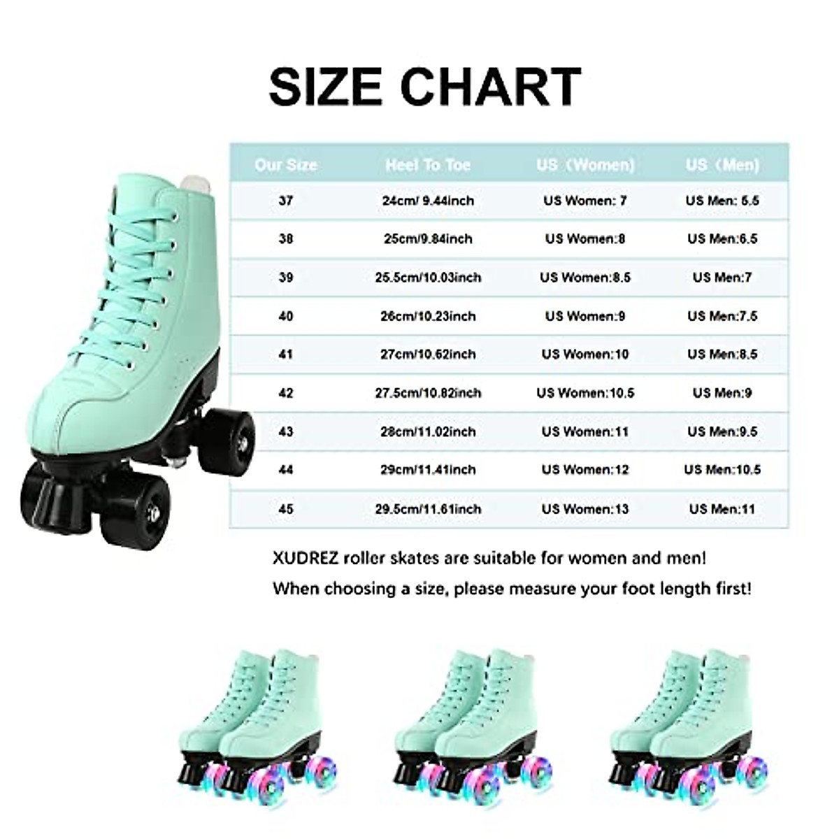 XUDREZ Roller Skates for Women Cozy Green PU Leather High-top Roller Skates for Beginner, Professional Indoor Outdoor Double-Row Roller Skates with Shoes Bag (Black Wheel,39)