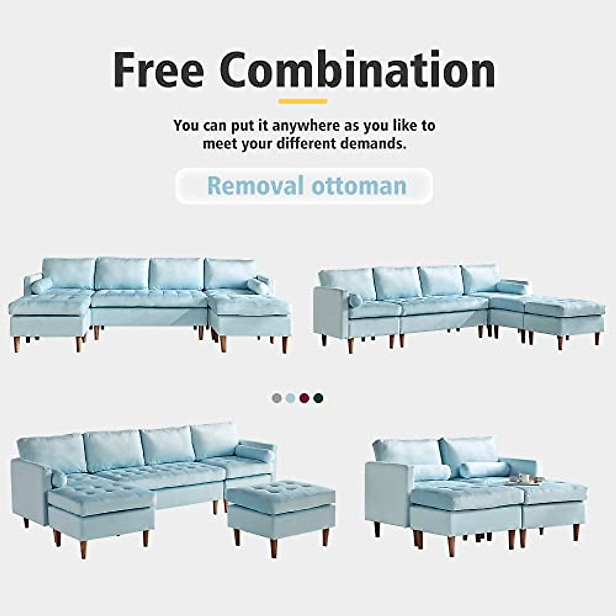 wirrytor Modular Sectional Sofa, Velvet U Shaped Couch, Modular Sectional with Reversible Ottomans for Living Room, Blue