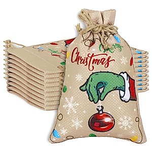 AnyDesign Christmas Burlap Gift Drawstring Bags Funny Cartoon Character Candy Bags 4 x 6 Inch Small Linen Goody Bags Xmas Party Favors Supplies, 18Pcs