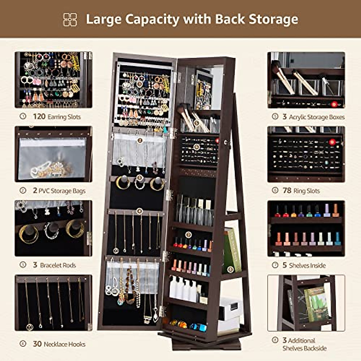 SERWALL 360 Rotating Jewelry Stand Organizer - Jewelry Armoire with Full-Length Mirror- Freestanding Dressing Mirror Jewelry Cabinet Storage - Brown