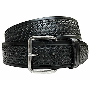 Utility Uniform Work Belt w/Simple Single Prong Buckle One Piece Full Grain Leather Basketweave Embossed Belt 1-3/4"(45mm) Wide (Black, 40)