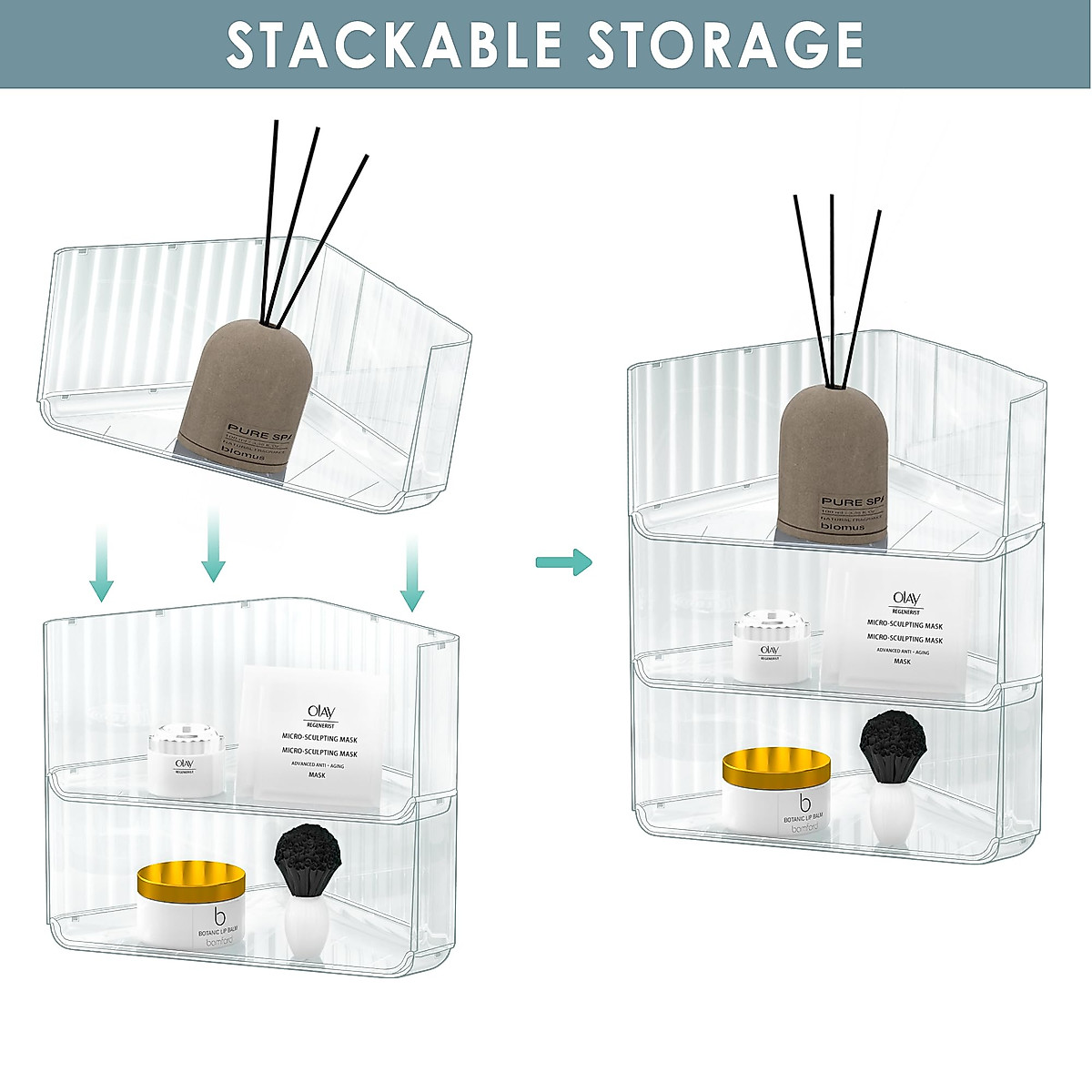 WSIGHT Skincare Organizer Shelf Stackable Corner Countertop Shelf Clear Plastic, 3 Pack Bathroom Kitchen Desktop Organizing Shelf