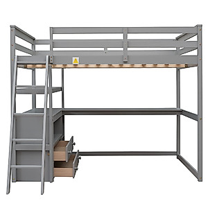 Full Loft Bed with Desk and Storage Drawers, Wood Full Size Loft Bed with Storage Shelves, Angled Ladder and Wood Slat Support, High Loft Bed for Kids, Teens, Adults Boys & Girls, Gray