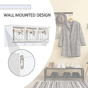 HOMCOM 32" Coat Rack Wall Mounted with Shelf, Rustic Entryway Storage Organizer with 3 Hooks 3 Baskets for Hats - Antique White