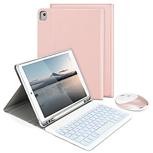Backlit Keyboard Case with Mouse Compatible with iPad Pro 10.2 9th/8th/7th Gen, iPad Air 3, iPad Pro 10.5 2017, Detachable Keyboard US Layout with Cover & Mice, Rose Gold