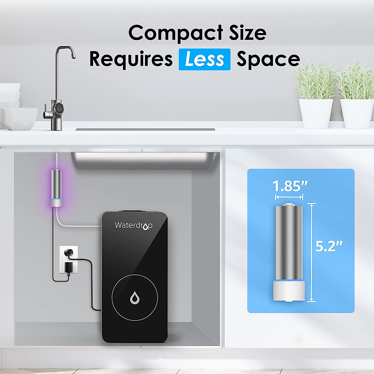 Waterdrop D6 Reverse Osmosis System, 600 GPD Tankless RO Water Filter System, 2:1 Pure to Drain and Waterdrop LED UV͎ Ultrąviolët Water Sterilizër Filter for Kitchen, Mercury-Free, FCC Certified