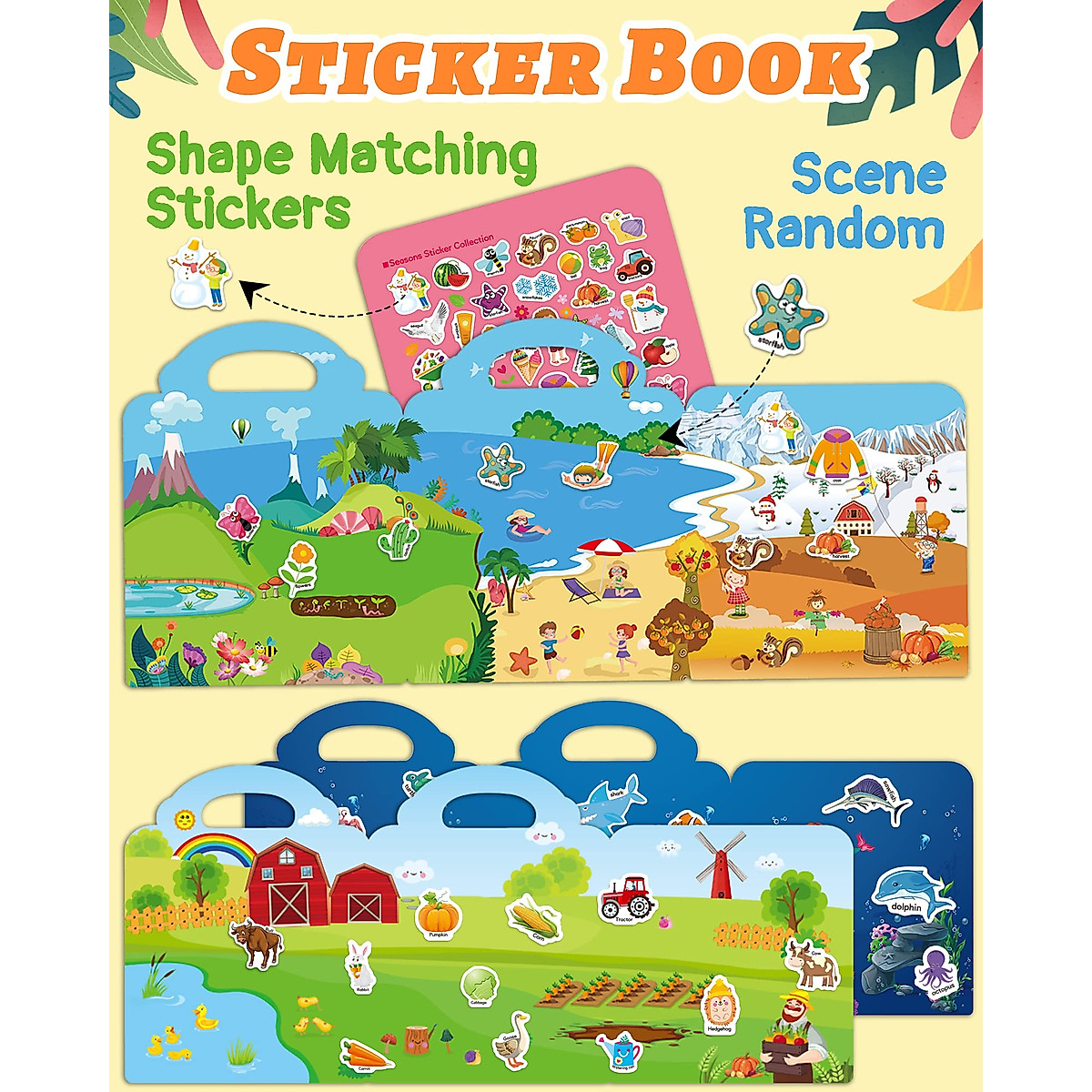 Benresive Reusable Sticker Book for Toddlers 2-4 Years, 3 Sets Travel Stickers for Kids, Waterproof Sticker Books for Toddlers 1-3, 115 Pcs Crafts Activities for Todddlers 1-3 2-4 3-5