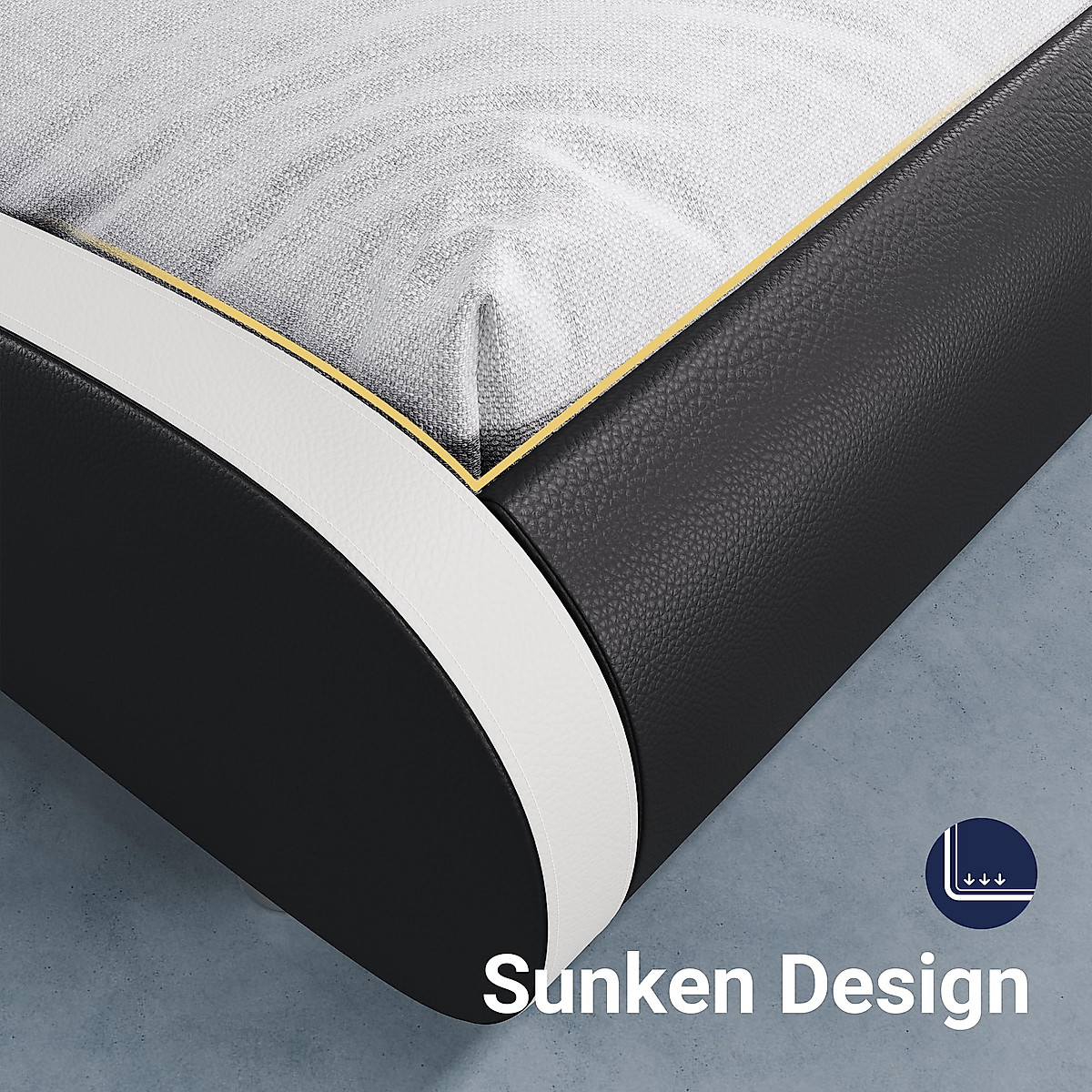 Allewie Upholstered King Size Platform Bed Frame Modern Low Profile Sleigh Bed with Faux Leather Ergonomic Headboard, Wood Slat Support, Easy Assembly, No Box Spring Needed, Black and White