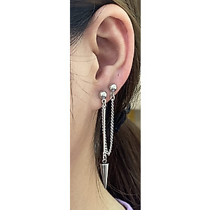 Double Ball Spike Piercing Chain Minimalist Dangle Drop Stud Cuff Earrings for Two Holes Men Women Boys 2nd Ear Cartilage Stainless Steel Fashion Punk Climber Crawler Threader Tassel Dangling Hypoallergenic Gifts for Birthday Bff